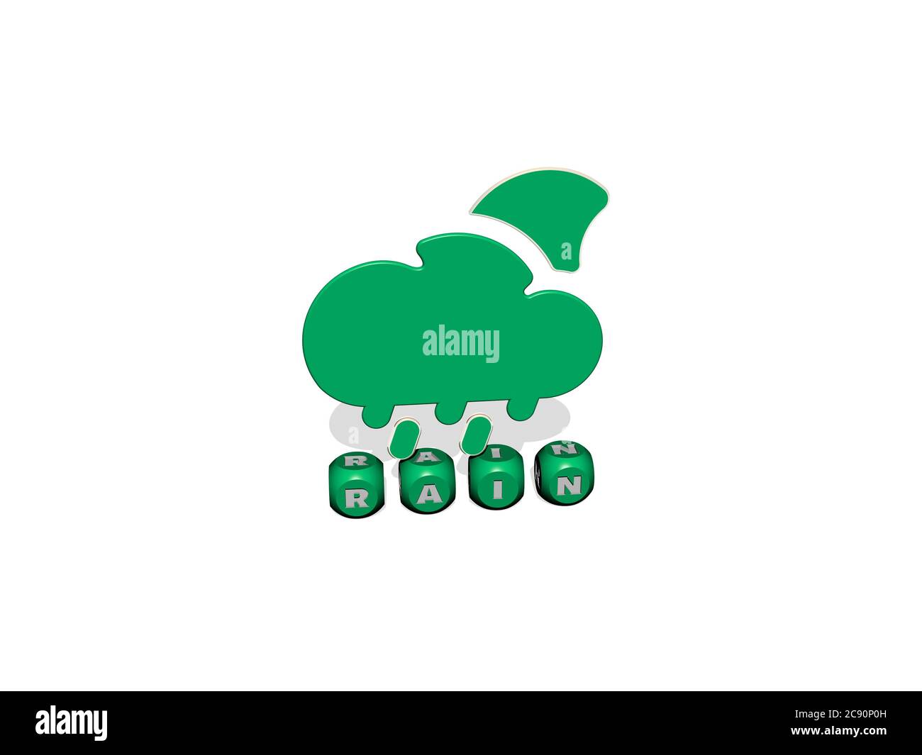 3D illustration of rain graphics and text made by metallic dice letters ...