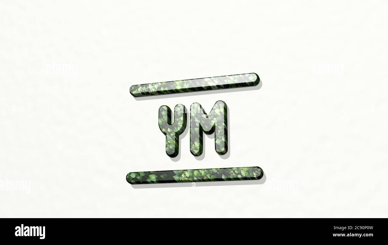 YM made by 3D illustration of a shiny metallic sculpture on a wall with ...