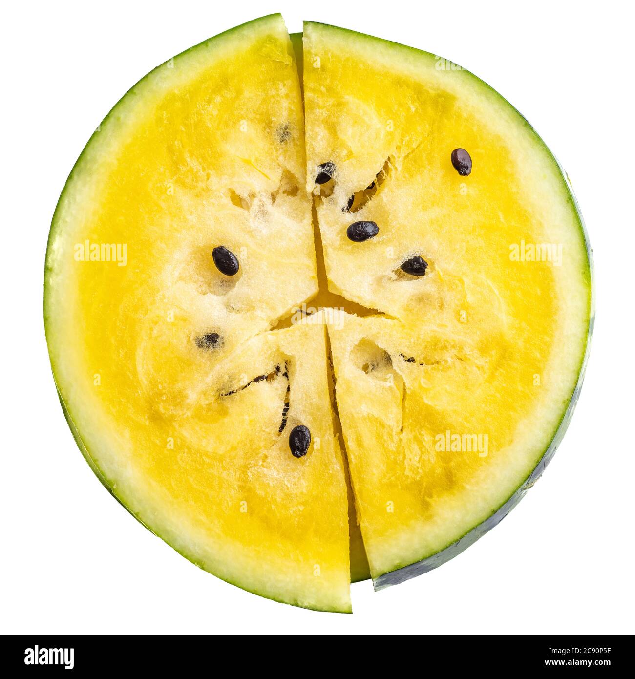 Slice of bright yellow watermelon with seeds isolated on white. Close ...