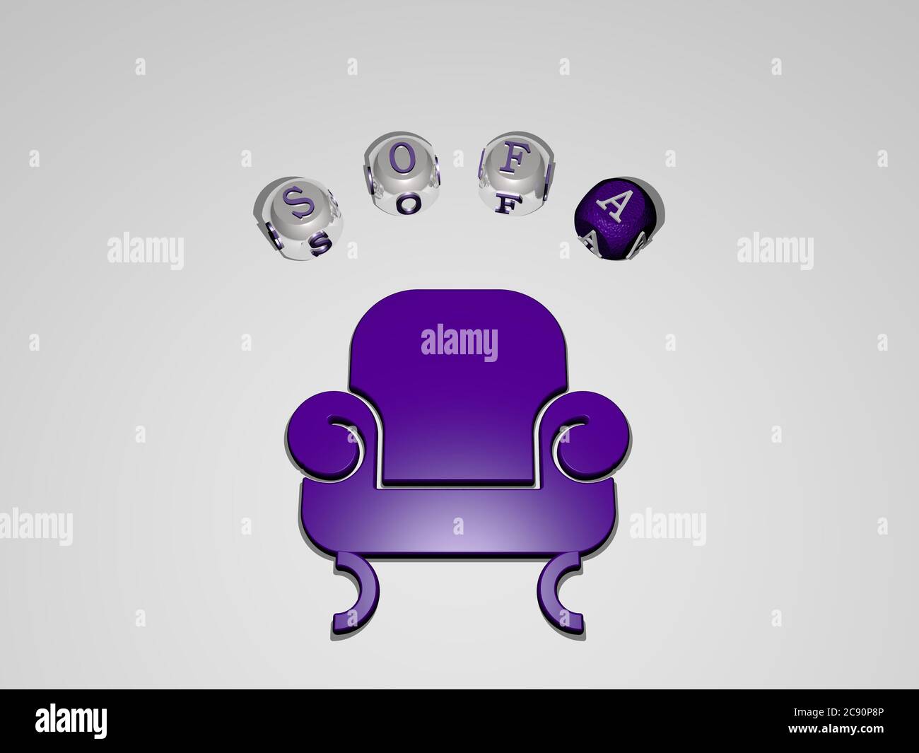 3D representation of sofa with icon on the wall and text arranged by ...