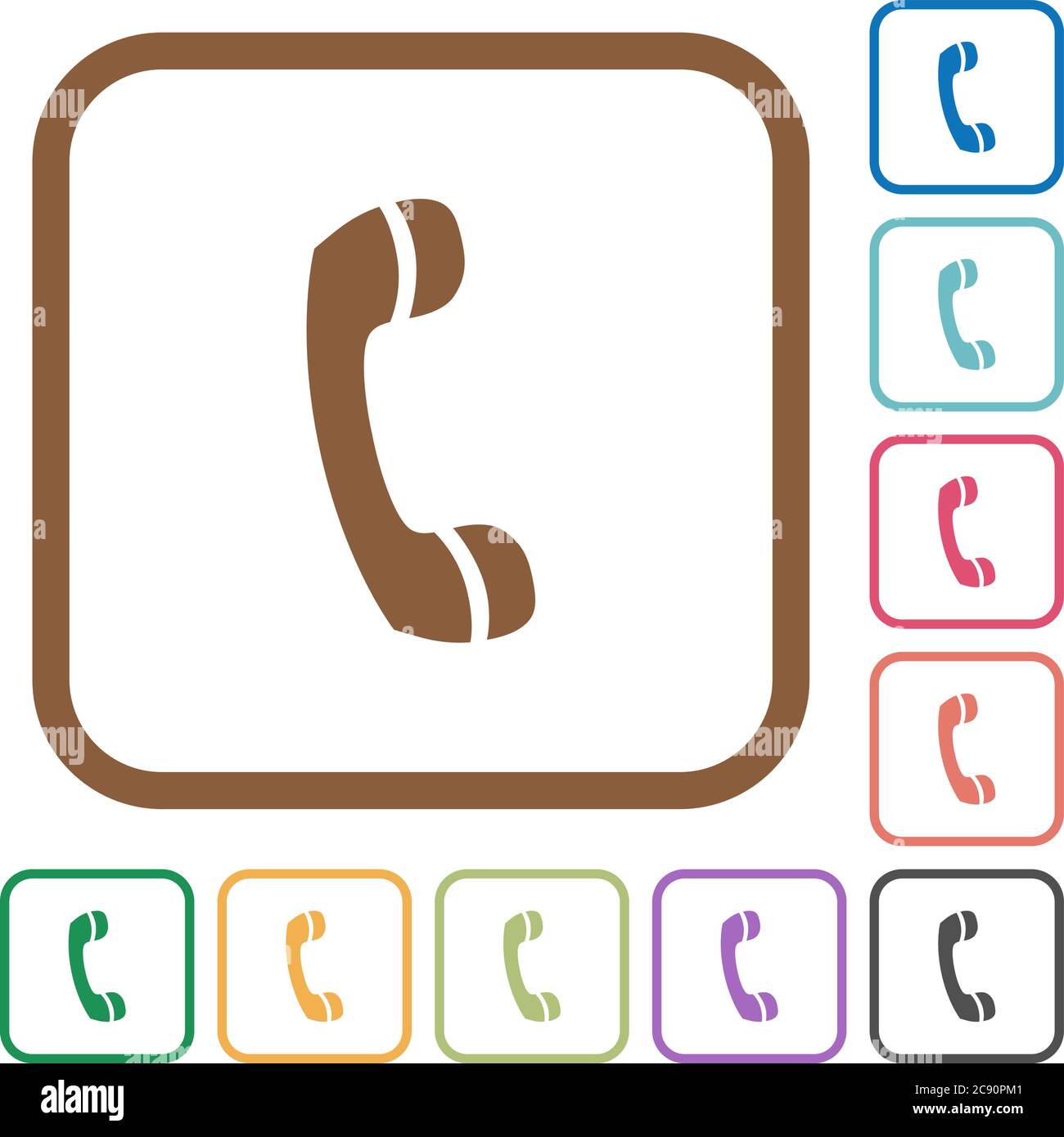 Call simple icons in color rounded square frames on white background ...