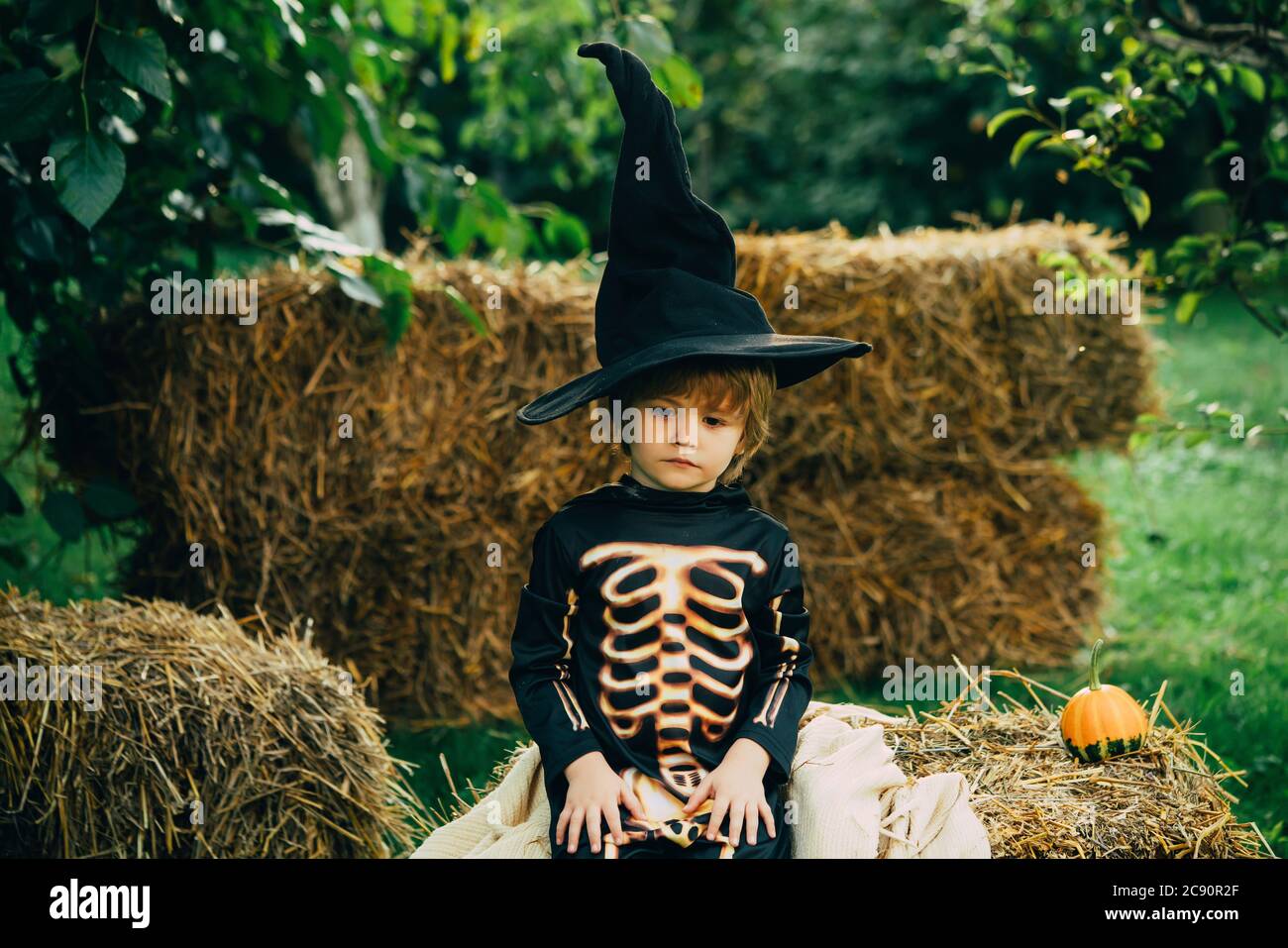 Halloween skeleton child. Has happy. Adorable baby having fun. Only fun ...