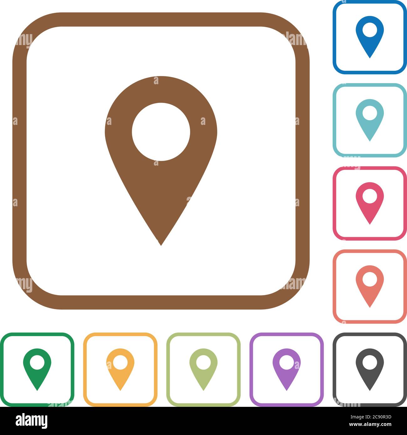 Location pin simple icons in color rounded square frames on white ...