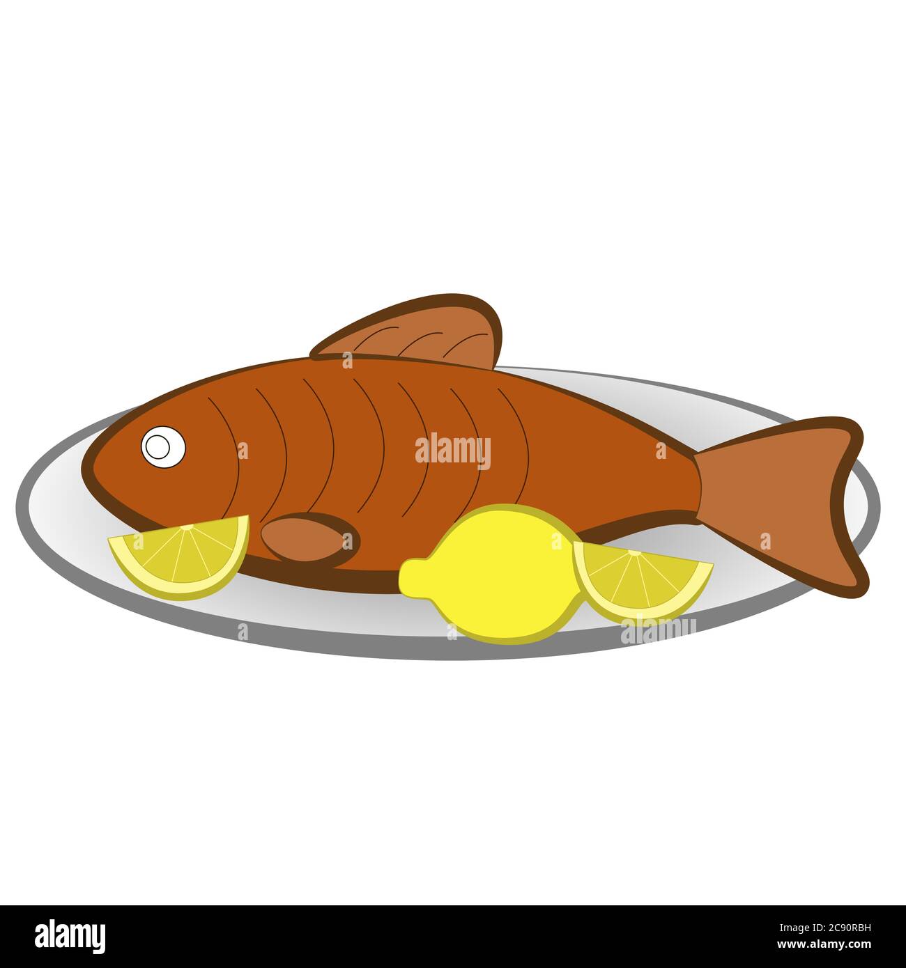 Fried fish on a platter with lemons isolated on white background Stock ...