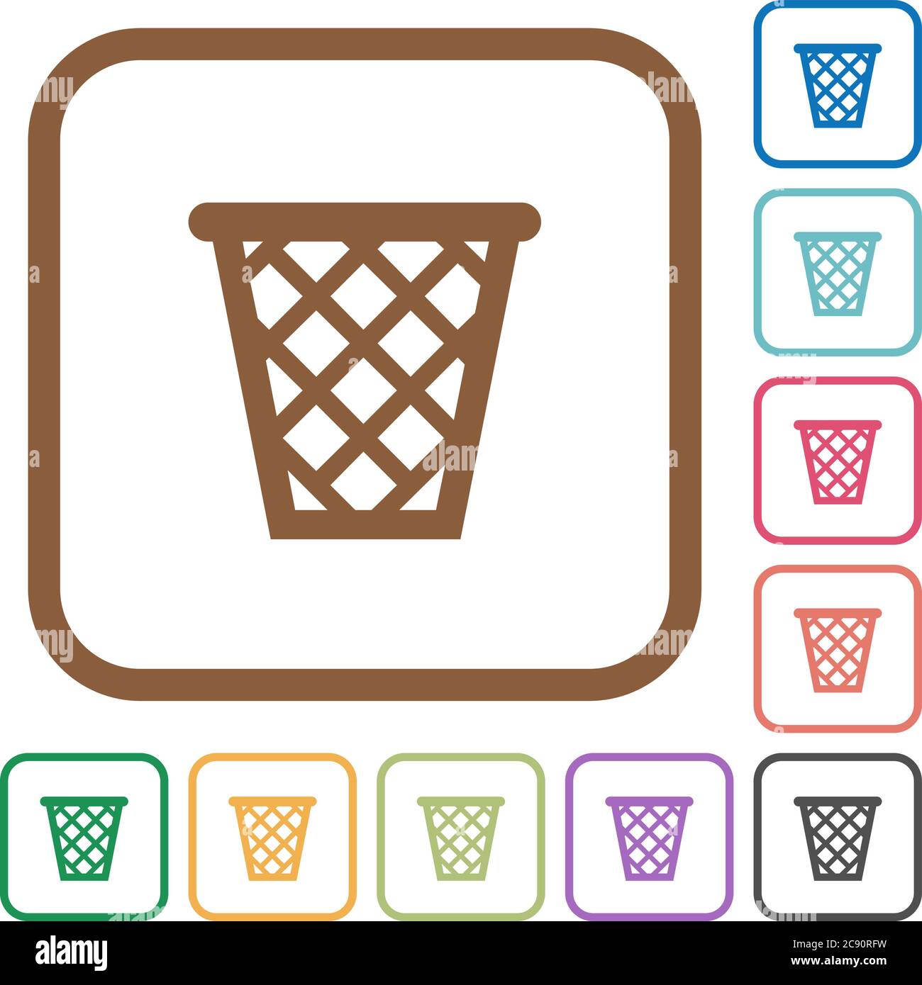 Trash simple icons in color rounded square frames on white background ...