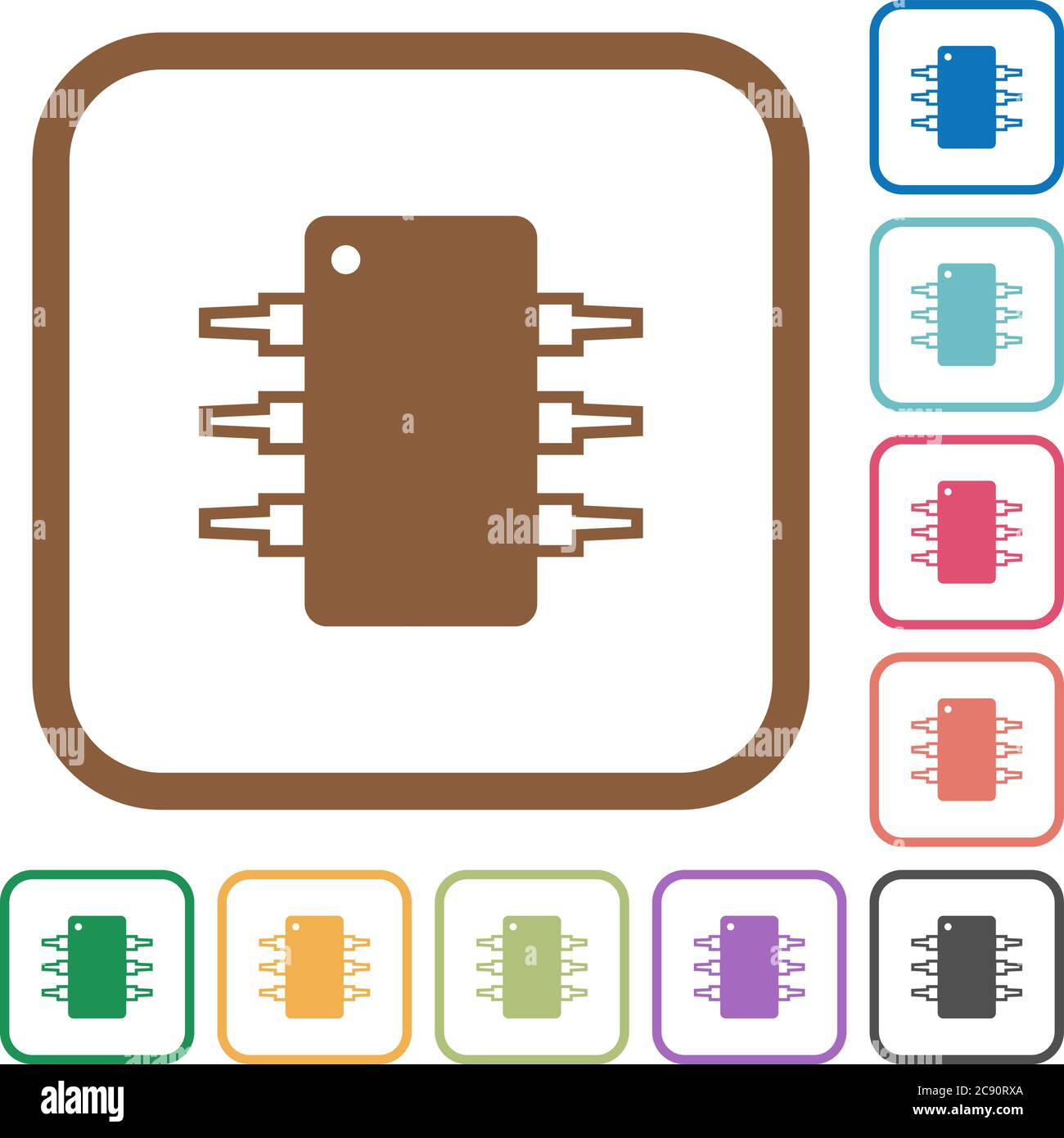 Integrated circuit simple icons in color rounded square frames on white ...