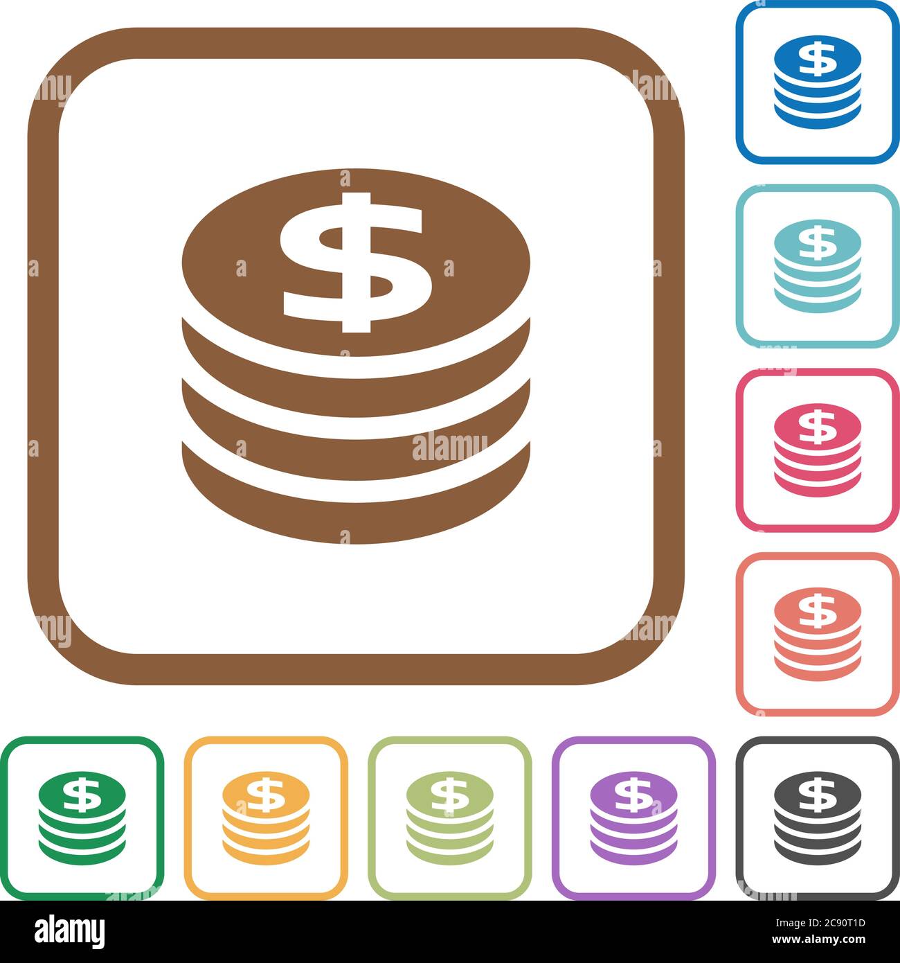 Dollar coins simple icons in color rounded square frames on white ...