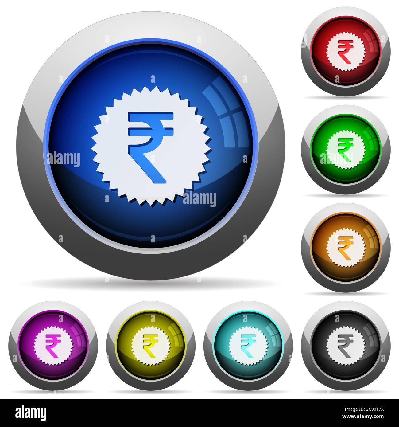 Indian Rupee sticker icons in round glossy buttons with steel frames ...