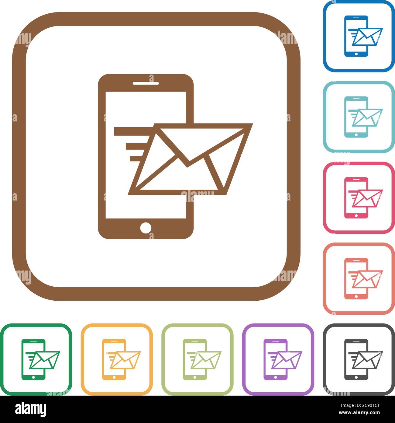 Sending email simple icons in color rounded square frames on white ...