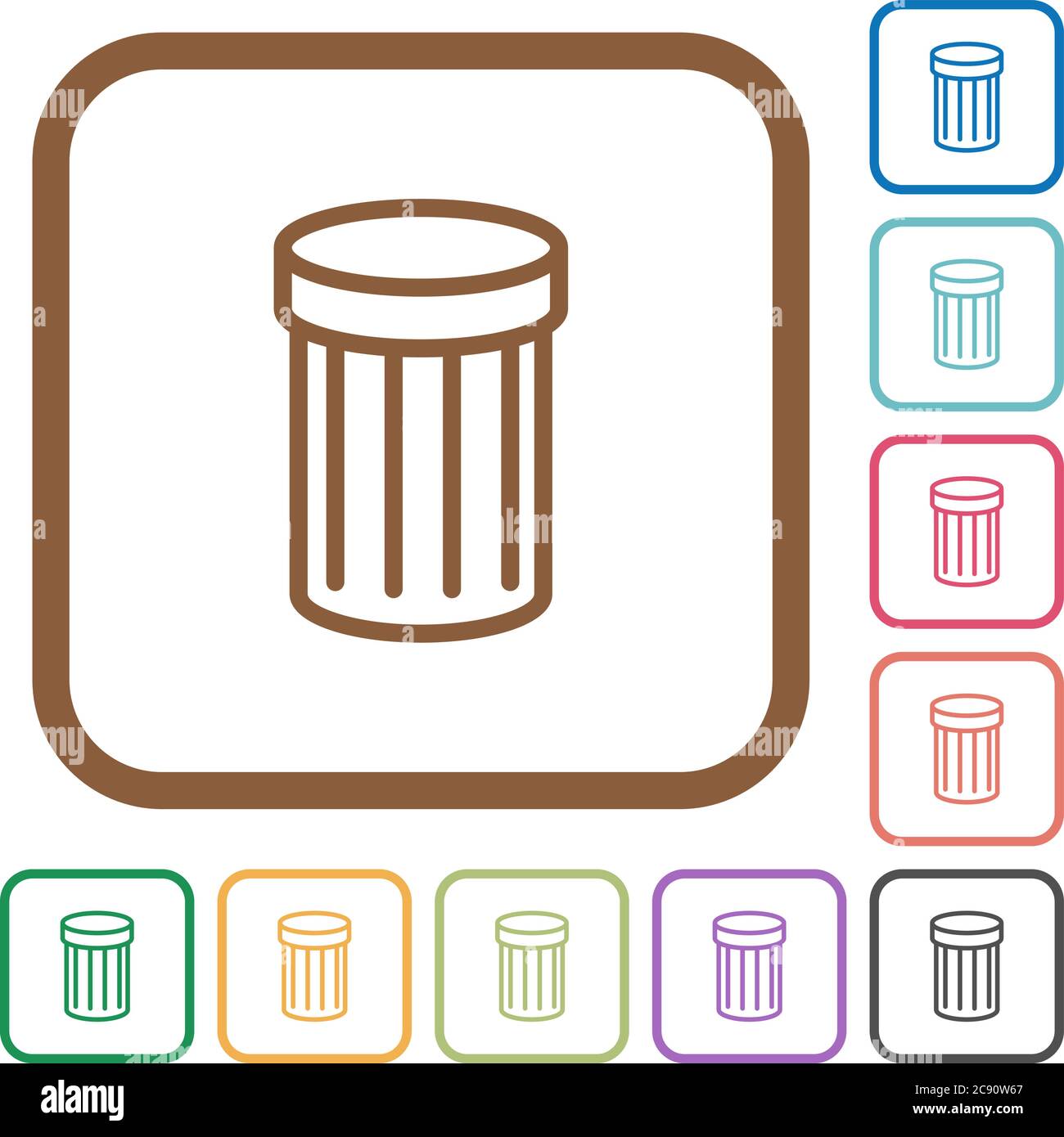 Trash simple icons in color rounded square frames on white background ...