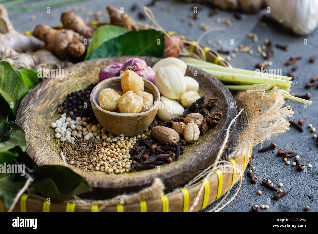 Native spices of Indonesia. Spices such as nutmeg or mace, cloves ...