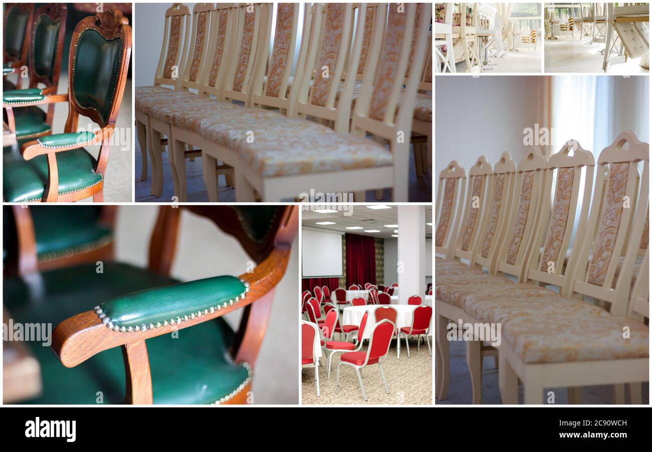 Wedding rentals collage - chairs and other furniture for guests Stock ...