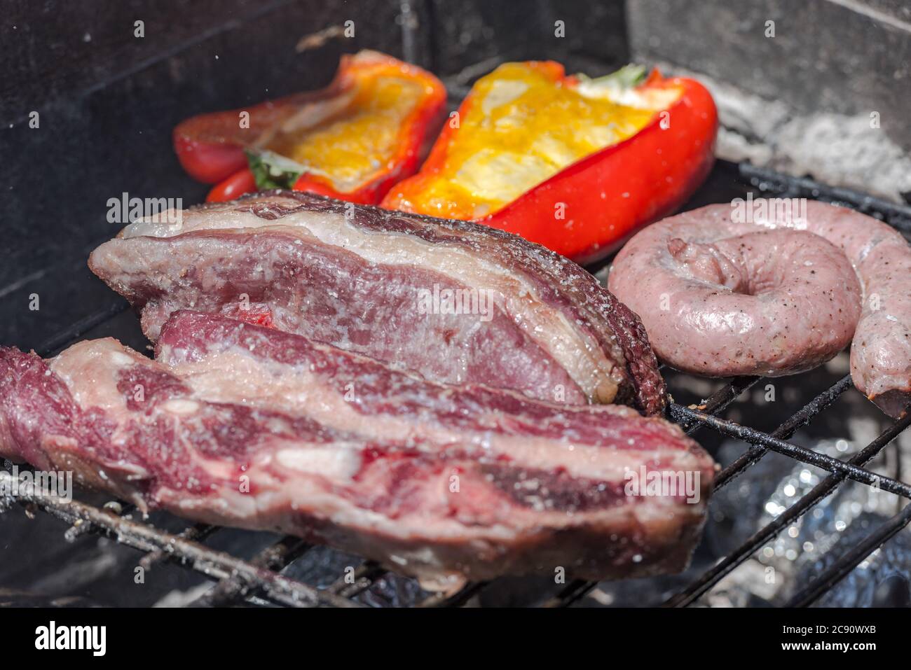 Closeup take of a traditional Argentinian and Uruguayan barbecue ...