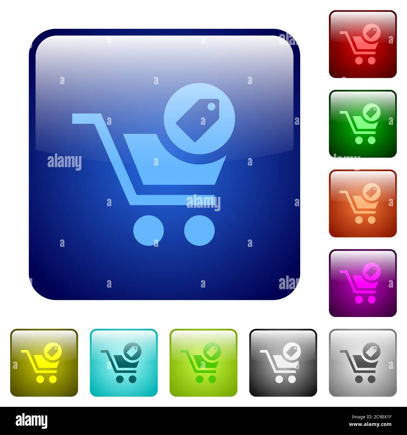 Product purchase features icons in rounded square color glossy button ...