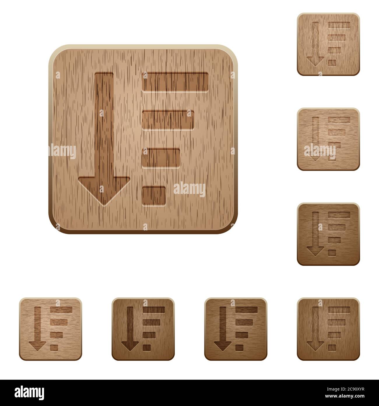 Descending ordered list mode icons on carved wooden button styles Stock ...