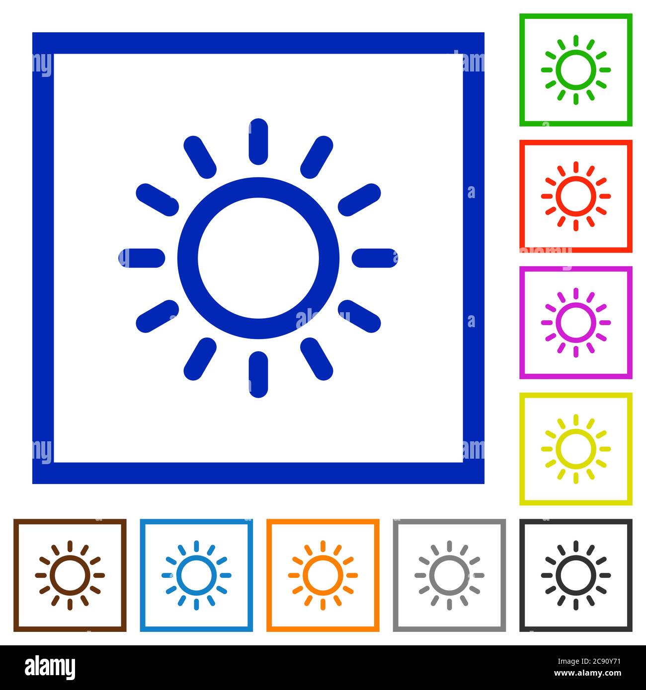 Brightness control flat color icons in square frames on white ...