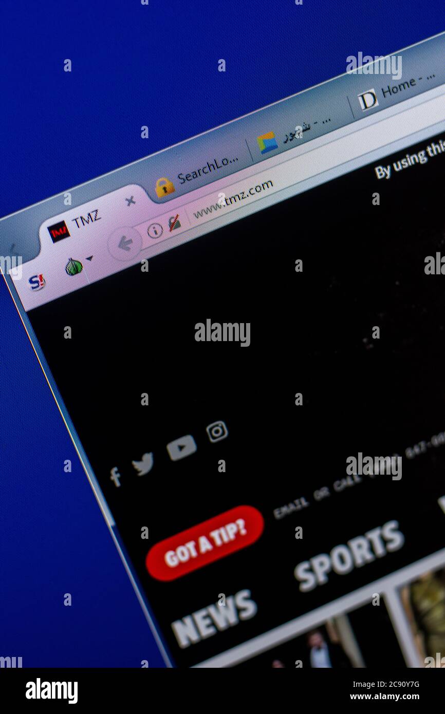 Ryazan, Russia - May 20, 2018: Homepage of TMZ website on the display ...