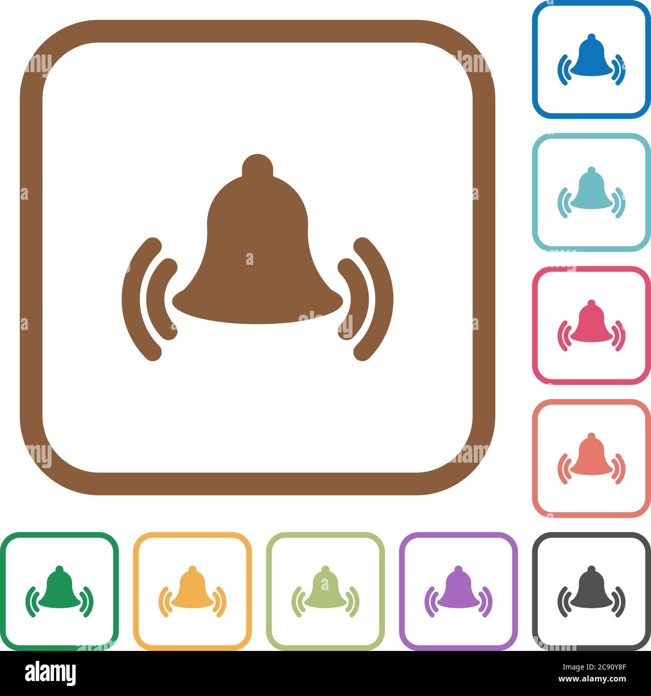 Ringing bell simple icons in color rounded square frames on white ...
