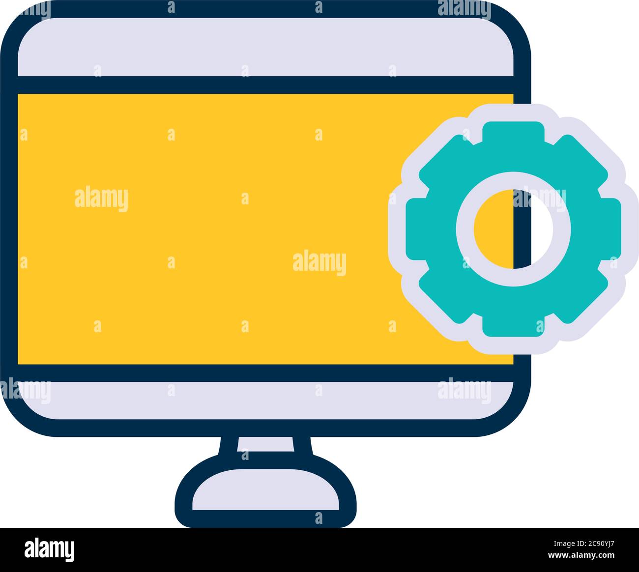 computer with gear wheel icon over white background, line and fill ...