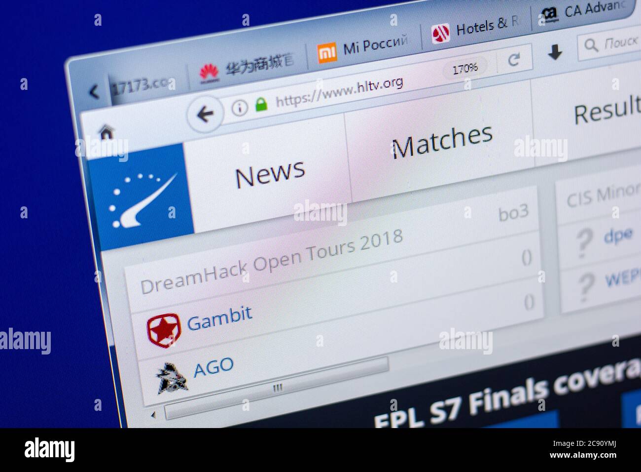 Ryazan, Russia - May 20, 2018: Homepage of Hltv website on the display ...