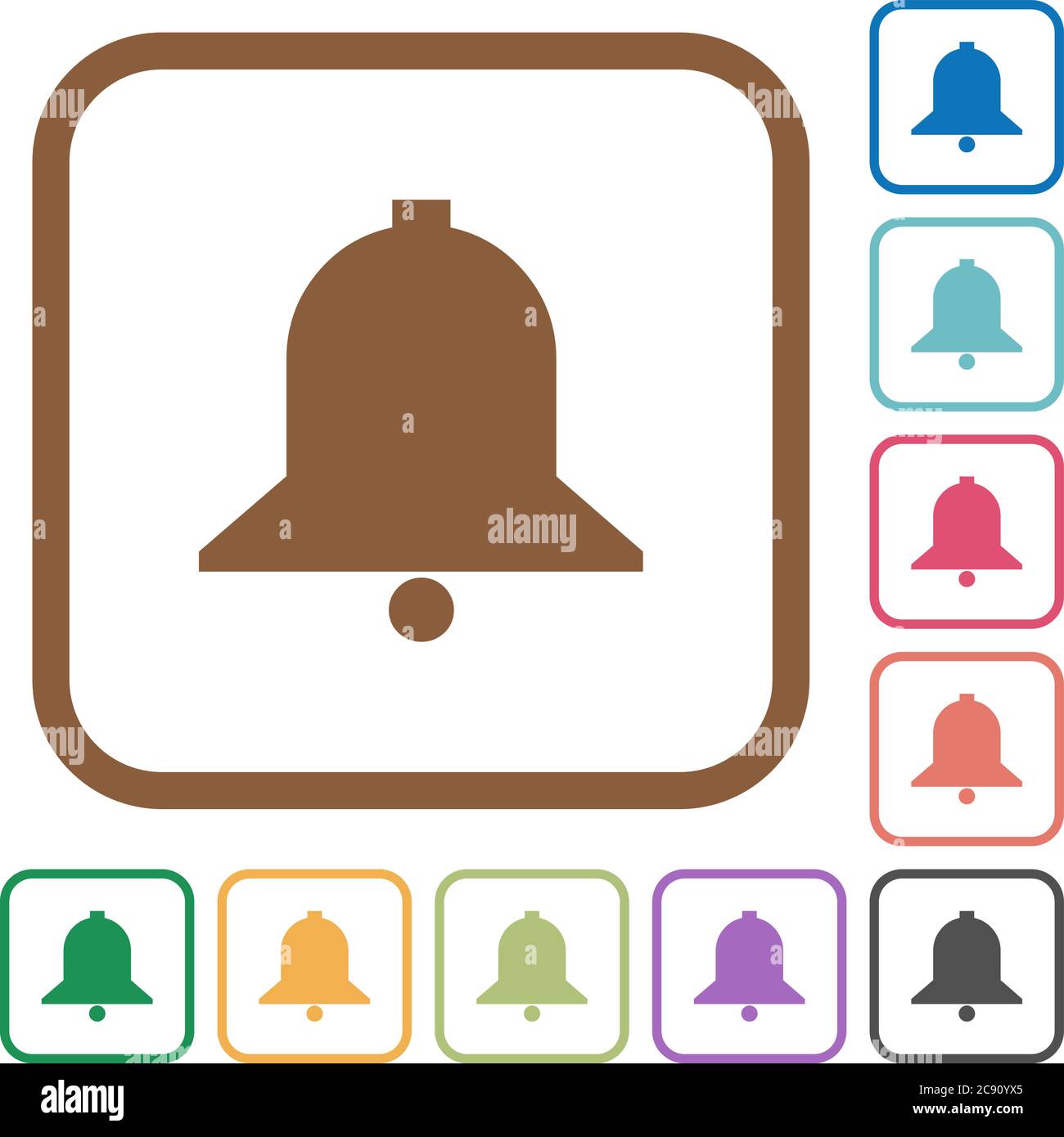 Bell simple icons in color rounded square frames on white background ...