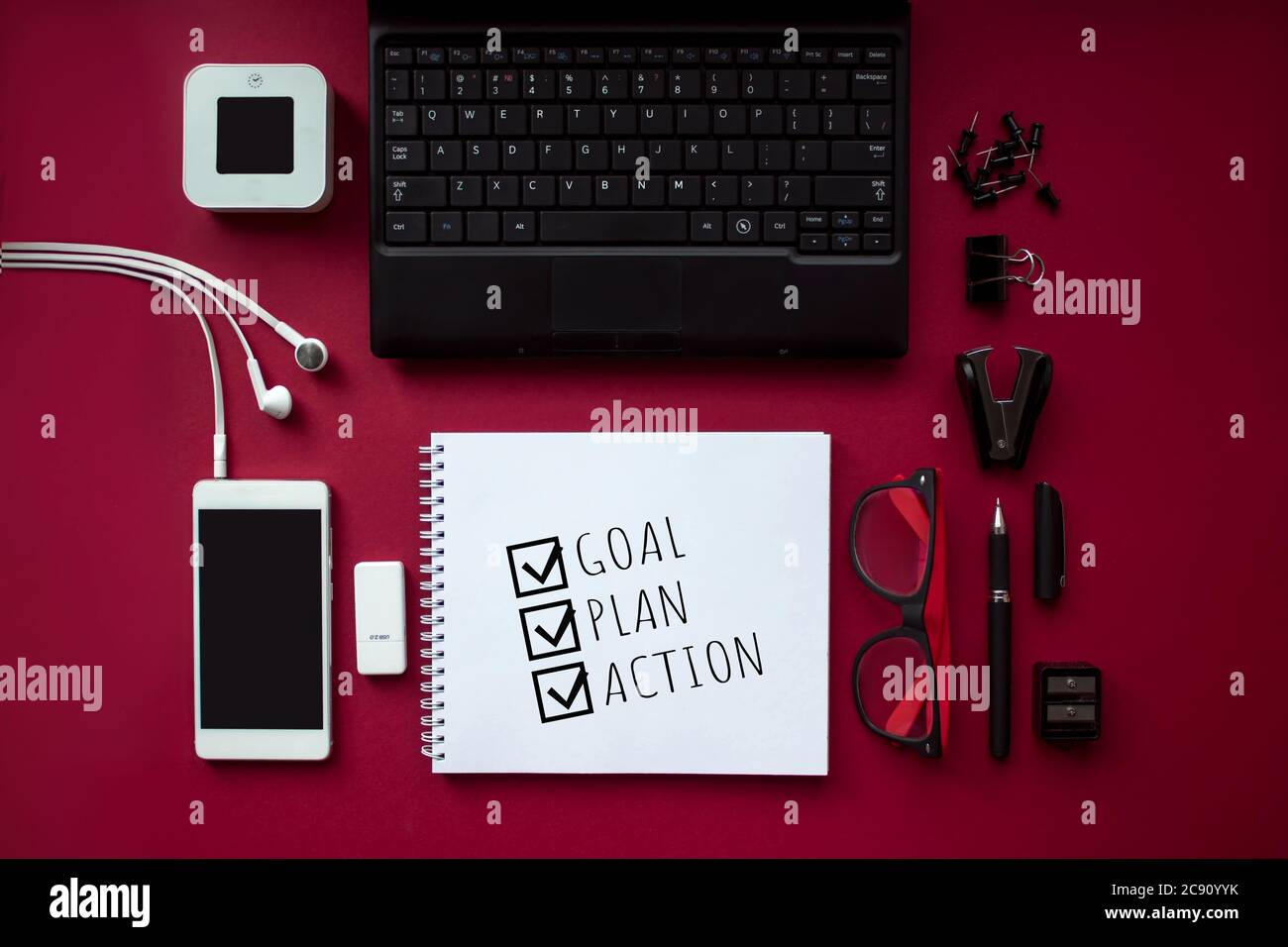 Office desk table with labtop computer, smart phone and notebook with ...