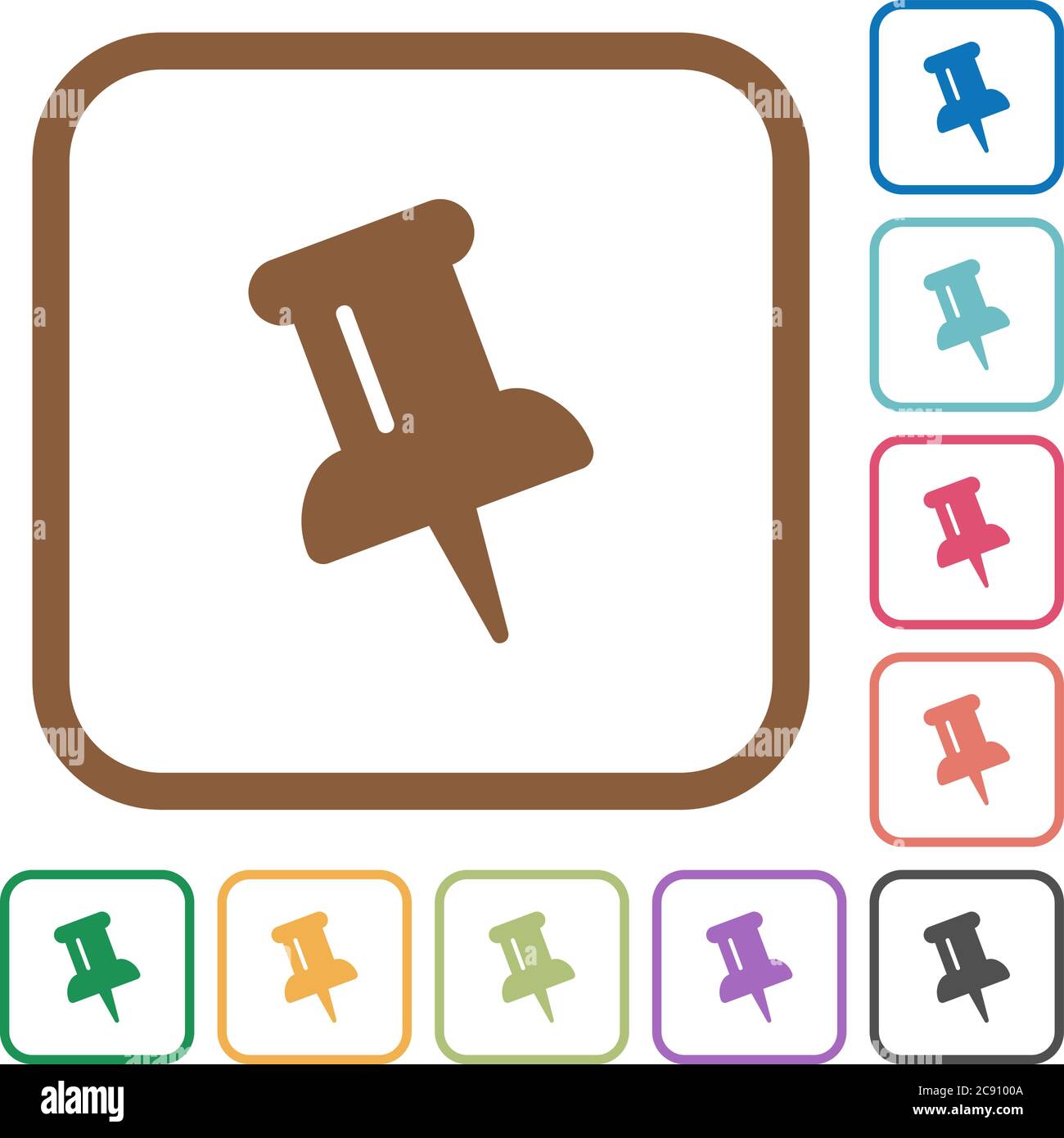 Push pin simple icons in color rounded square frames on white ...