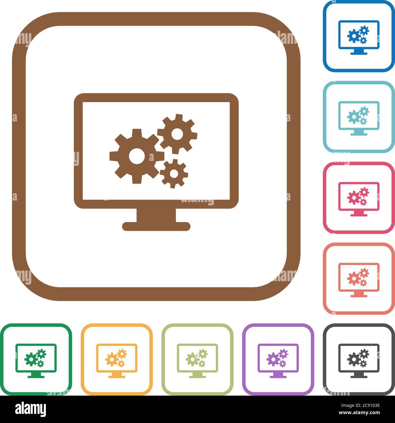 Screen settings simple icons in color rounded square frames on white ...