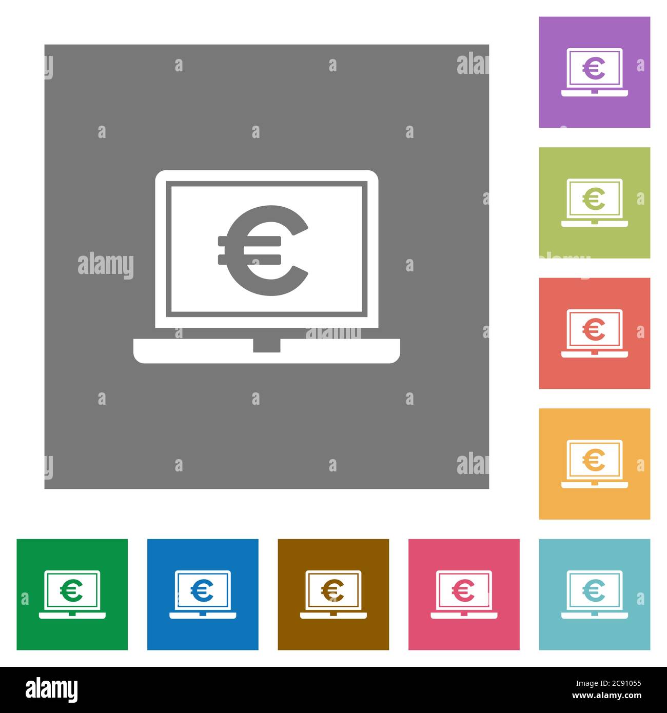 Laptop with Euro sign flat icons on simple color square backgrounds ...