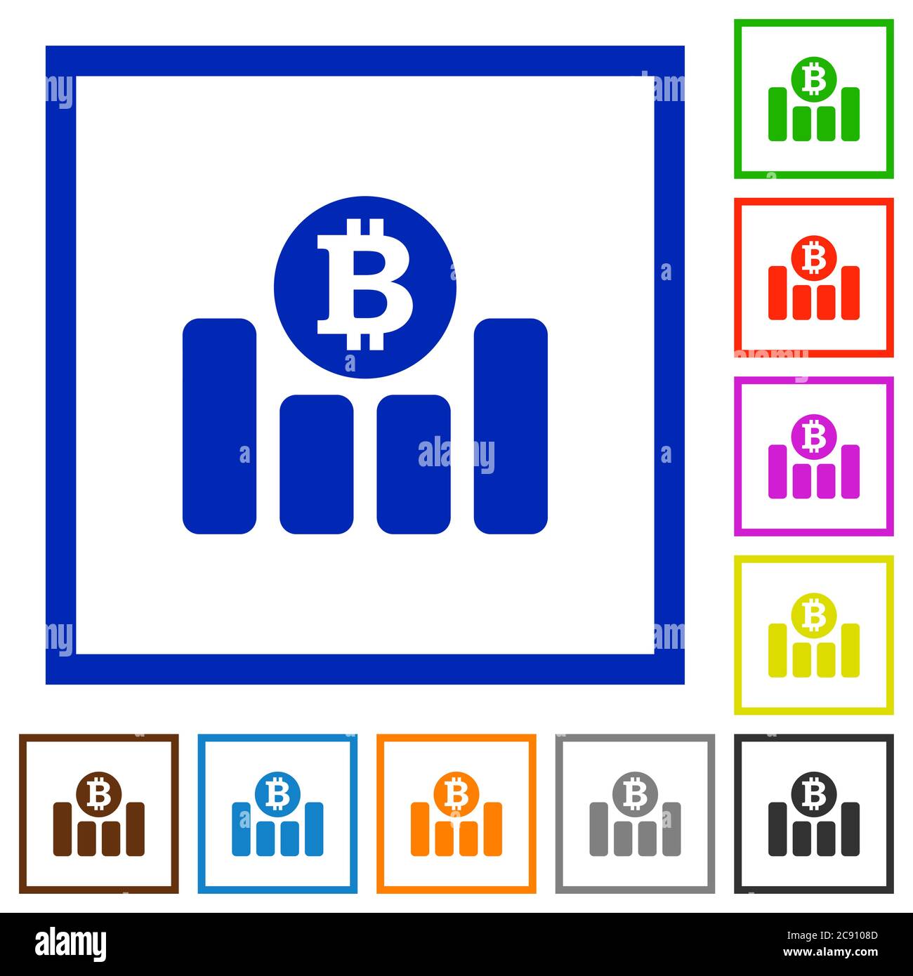 Bitcoin graph flat color icons in square frames on white background ...