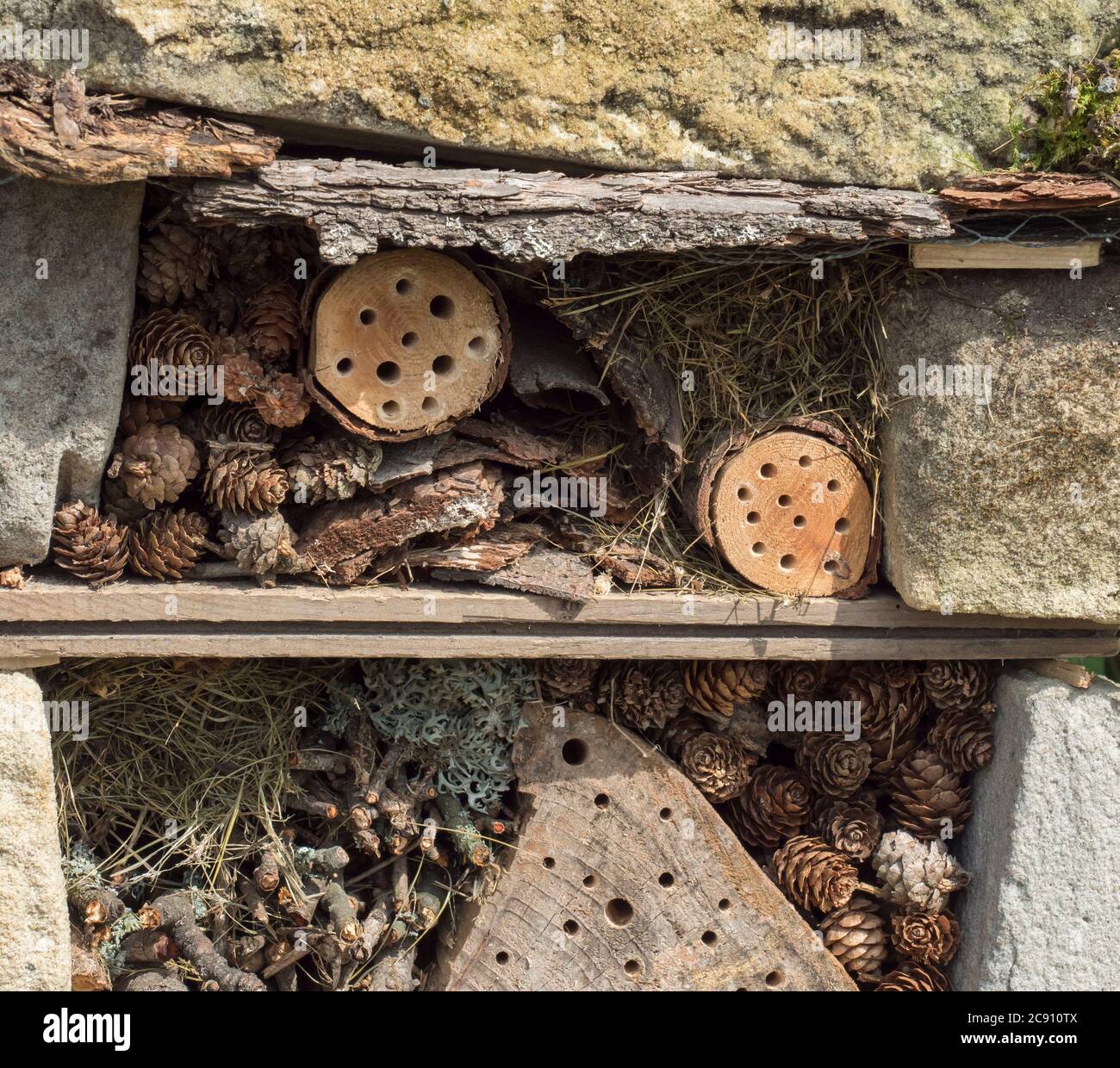 Detail of homemade insect hotel decorative bug house from sandstone and ...