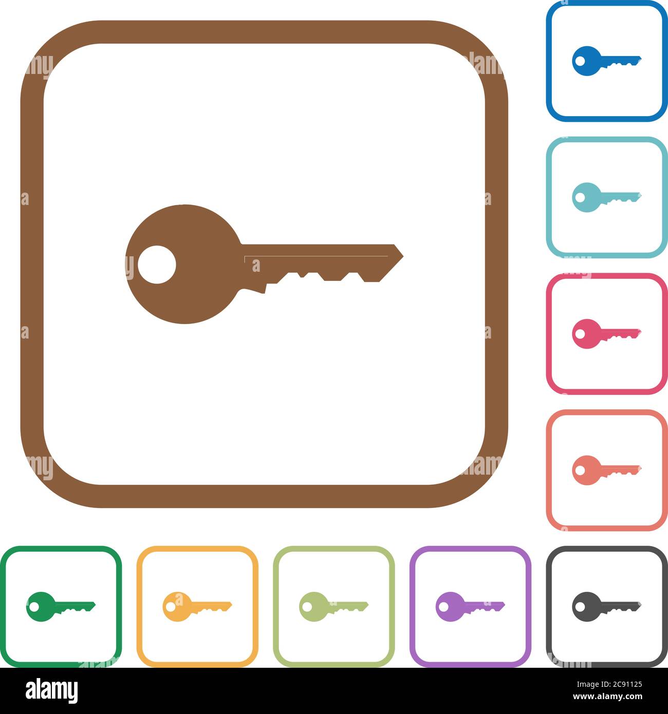 Key simple icons in color rounded square frames on white background ...