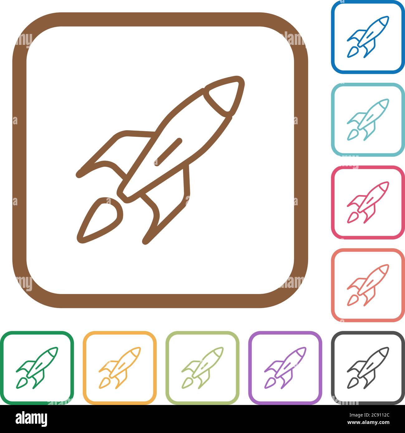 Launched rocket simple icons in color rounded square frames on white ...
