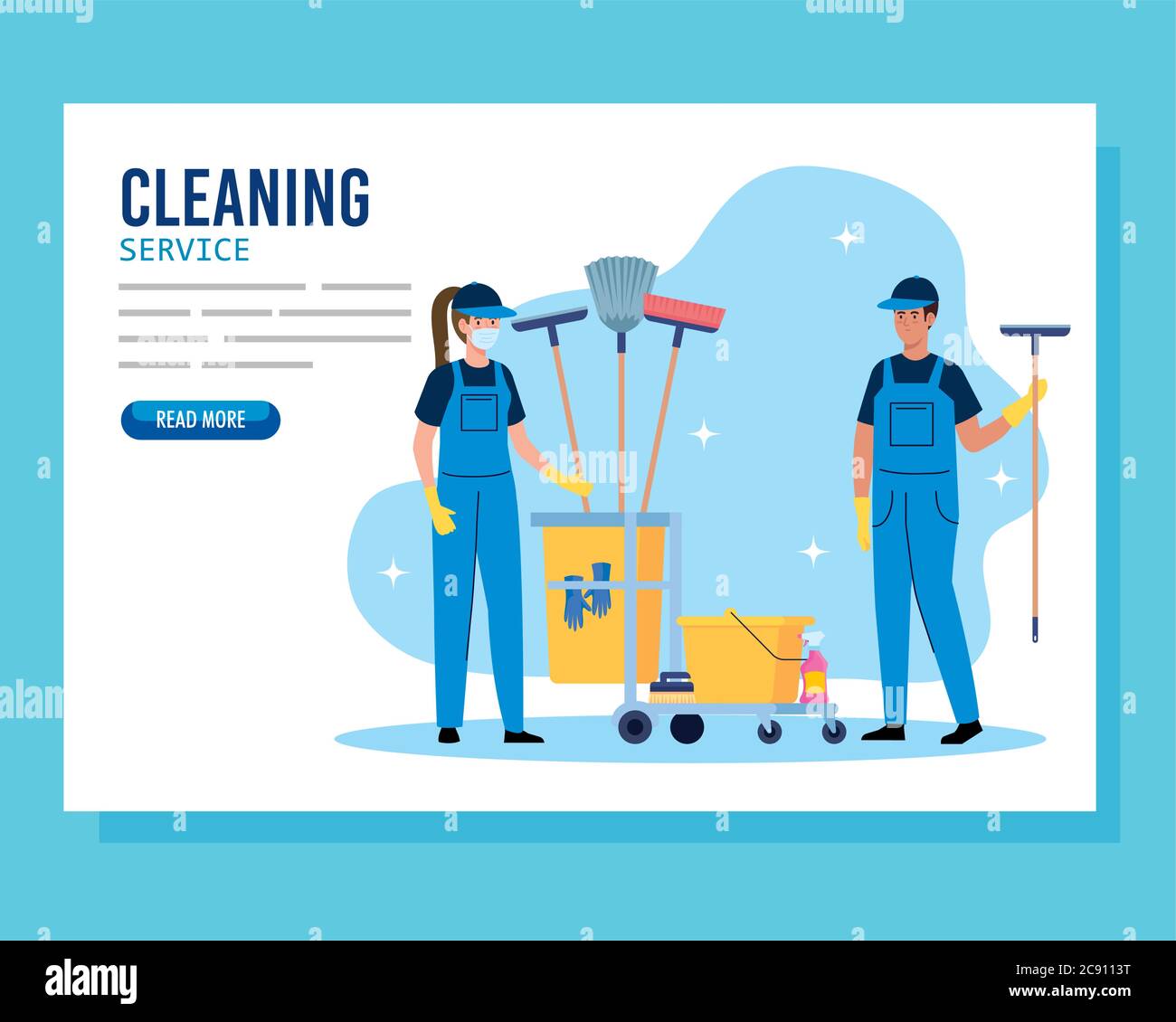 cleaning service banner, couple workers with cleaning trolley with ...