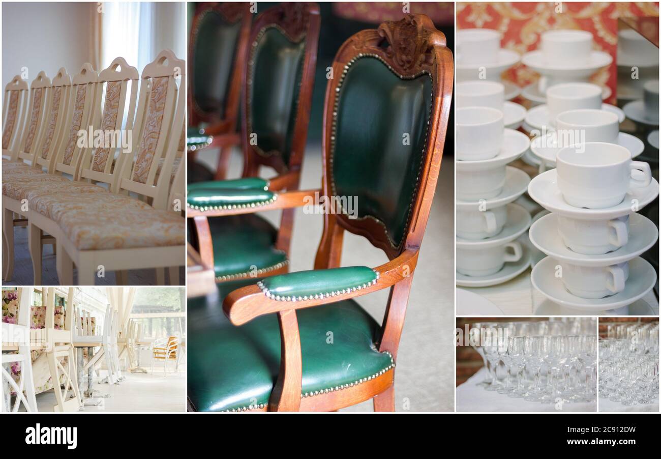 Wedding rentals collage - chairs and crockery for lot of guests Stock ...