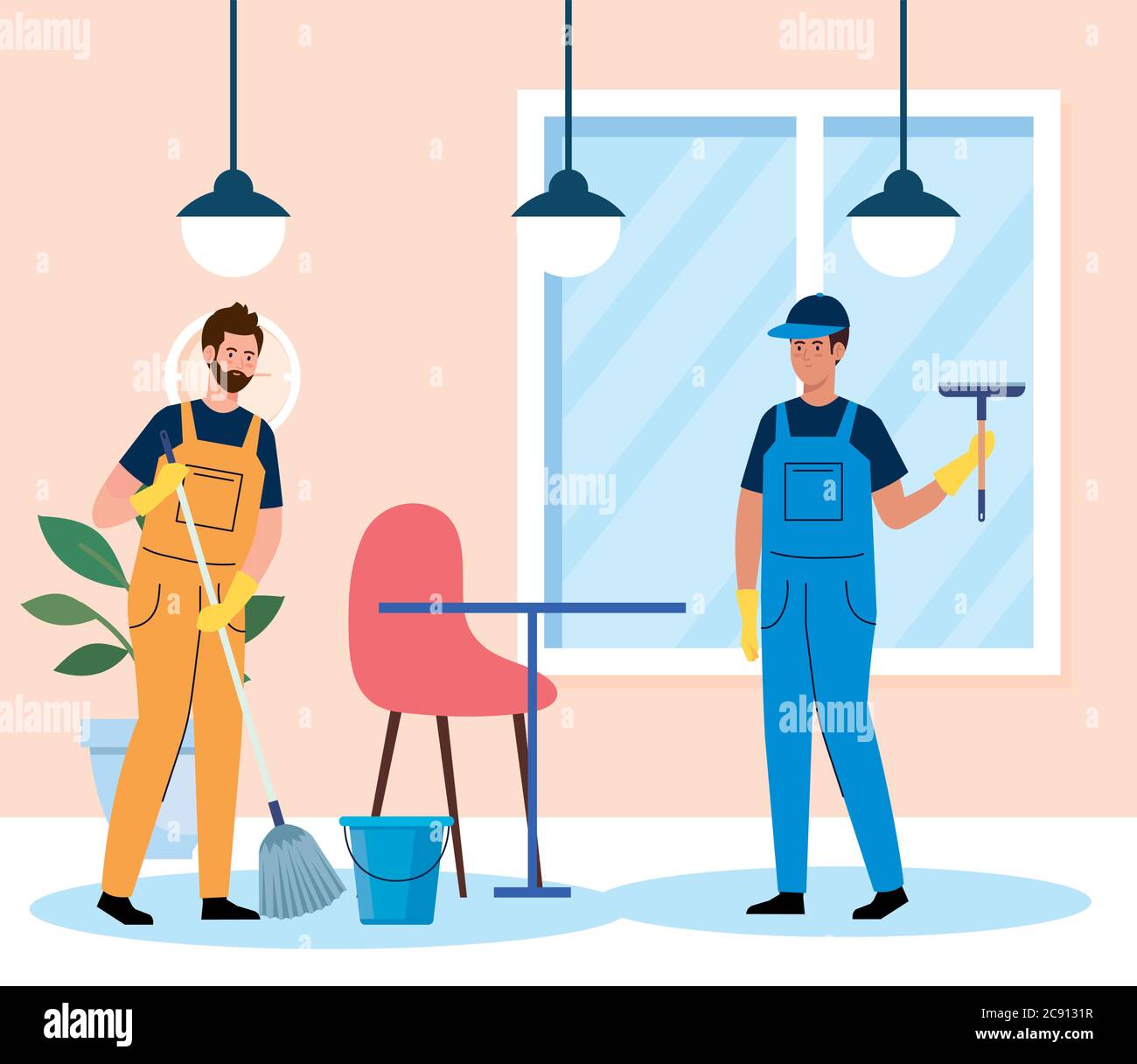 cleaning service, men workers of cleaning service in the restaurant ...