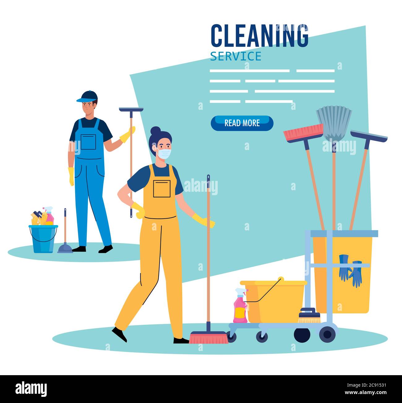 cleaning service banner, couple workers with cleaning trolley with ...