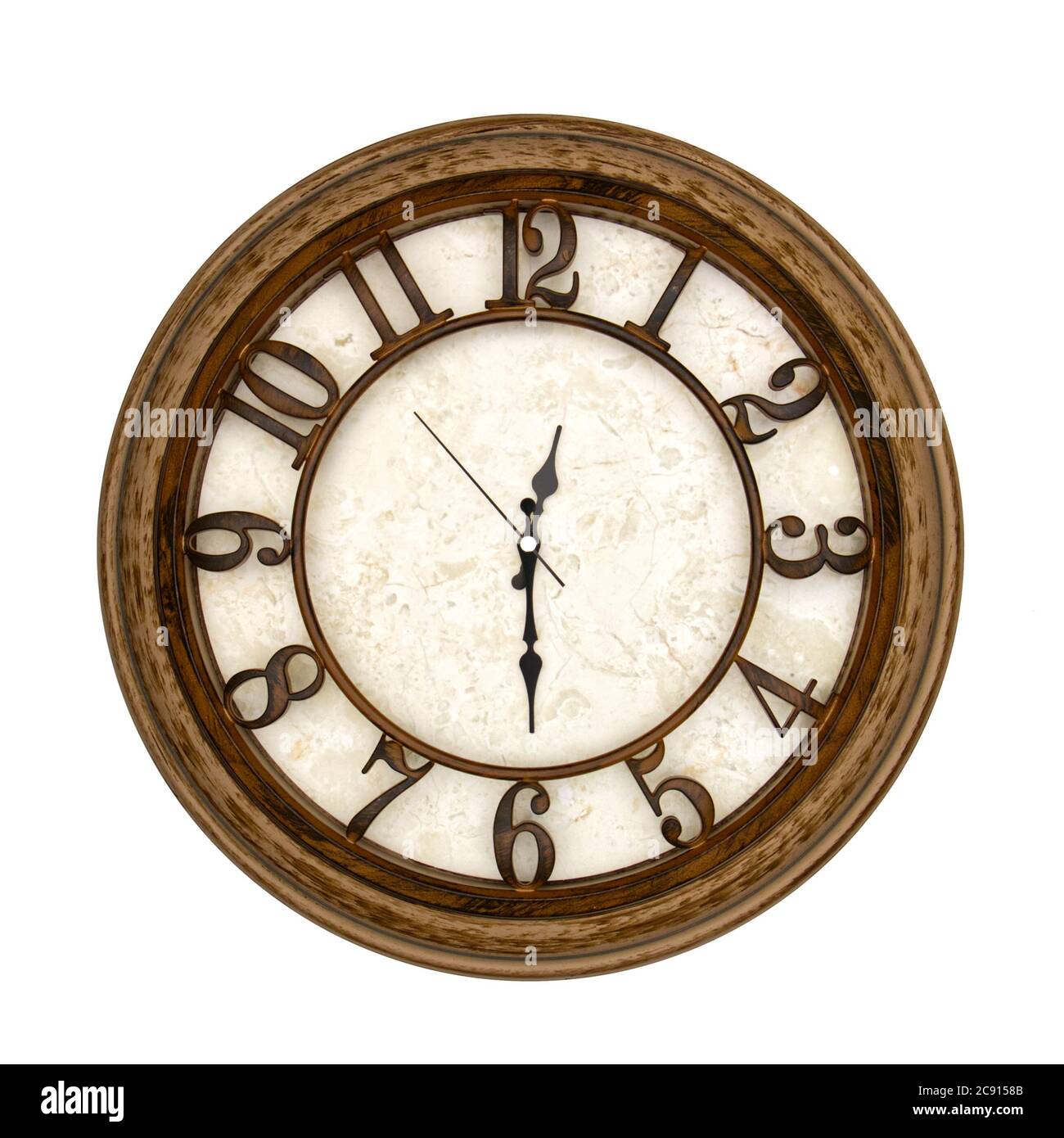 Wooden round analog wall clock isolated on white background, its half ...