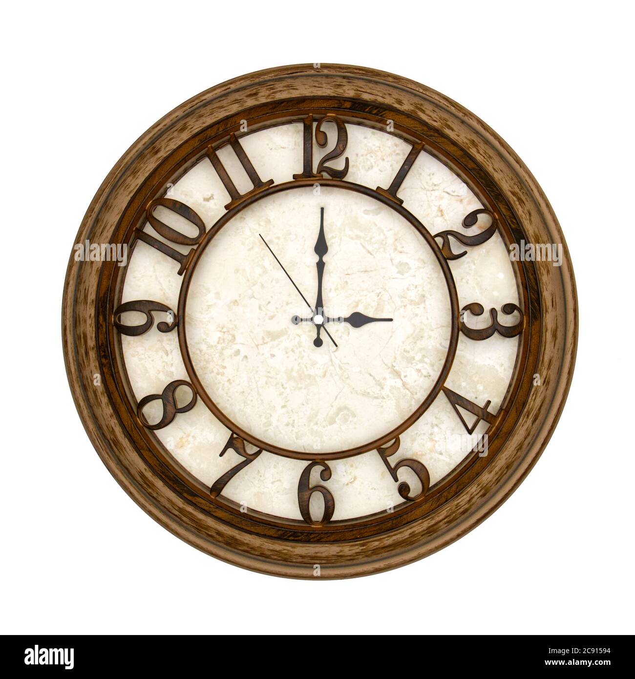 Wooden round analog wall clock isolated on white background, its three ...
