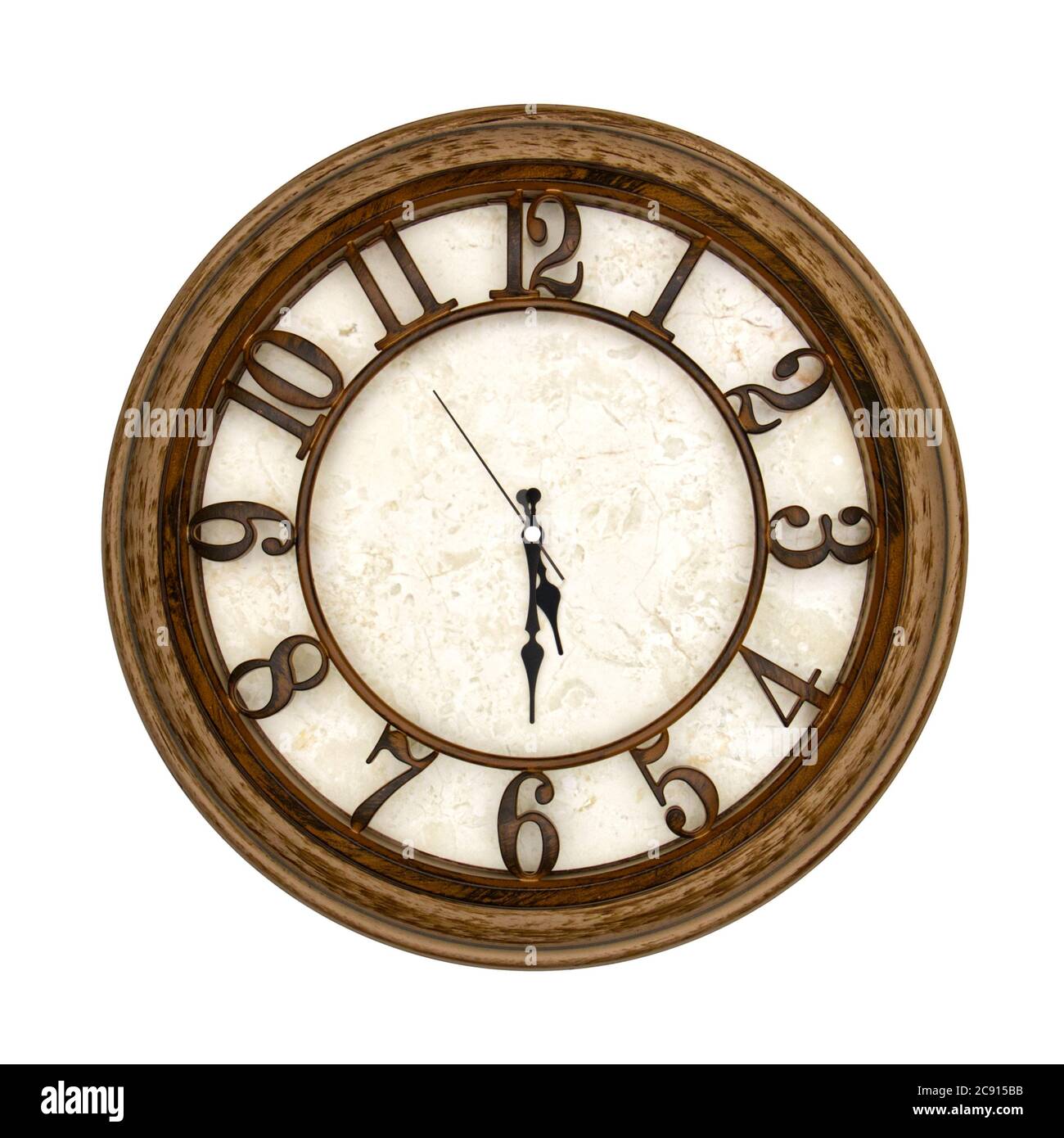 Wooden round analog wall clock isolated on white background, its half ...