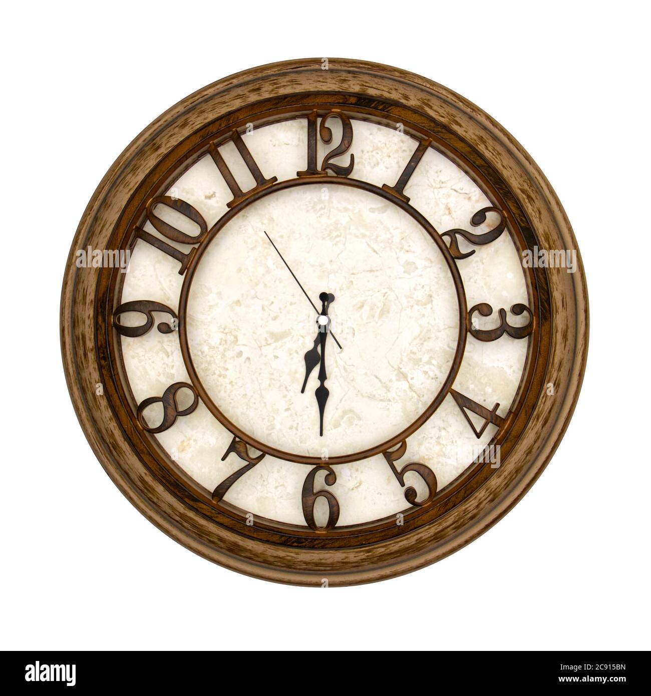 Wooden round analog wall clock isolated on white background, its half ...