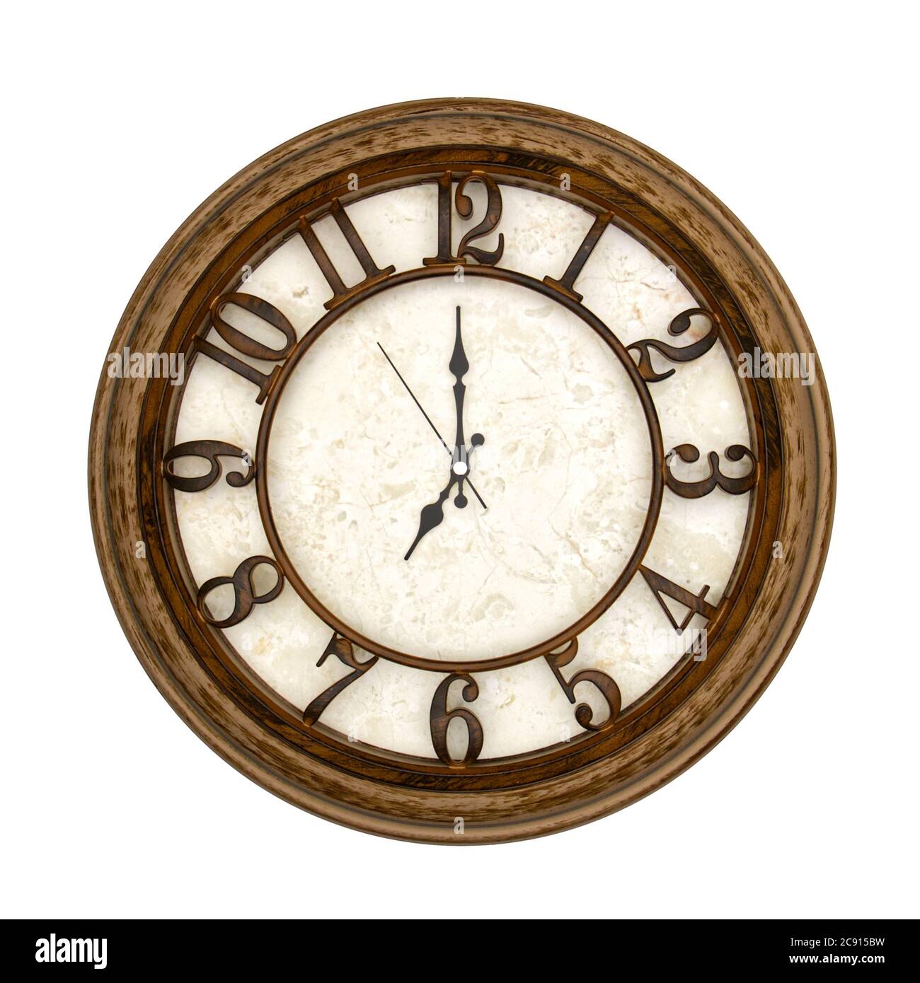 Wooden round analog wall clock isolated on white background, its seven ...