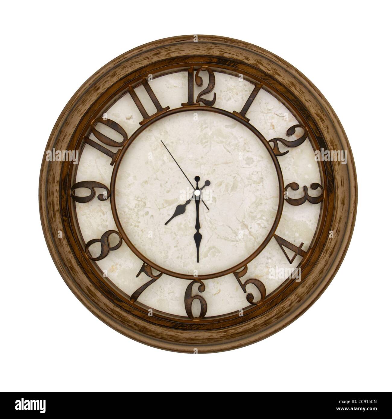 Wooden round analog wall clock isolated on white background, its half ...