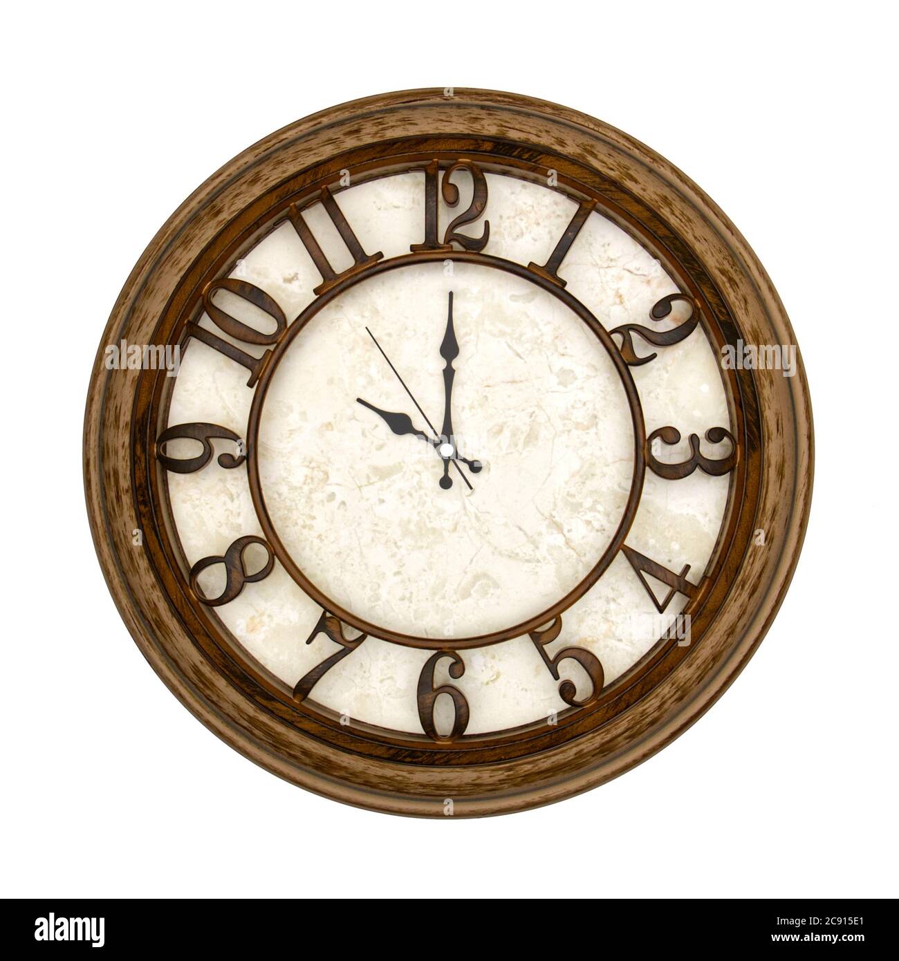 Wooden round analog wall clock isolated on white background, its ten ...