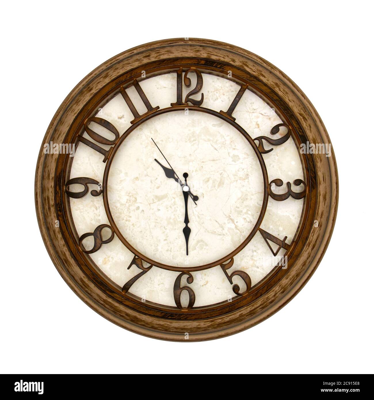 Wooden round analog wall clock isolated on white background, its half ...