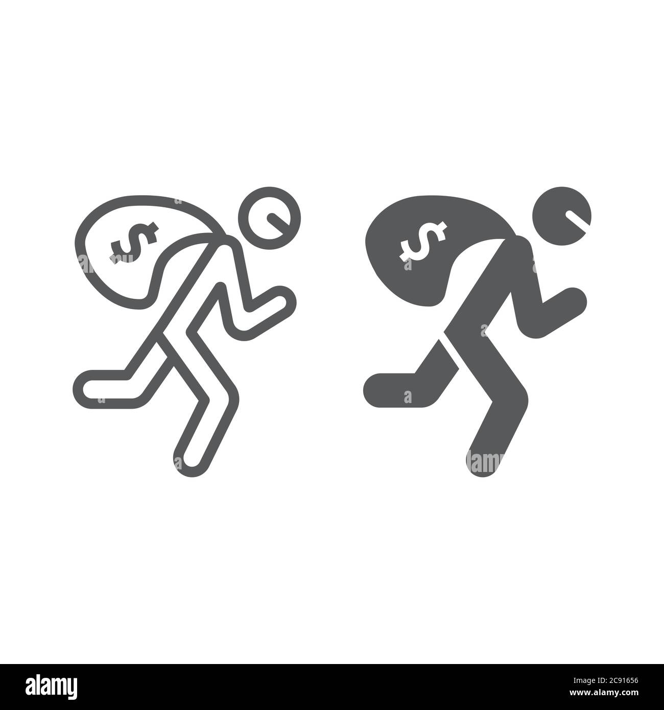 Robbery line and glyph icon, crime and burglary, thief with money bag ...