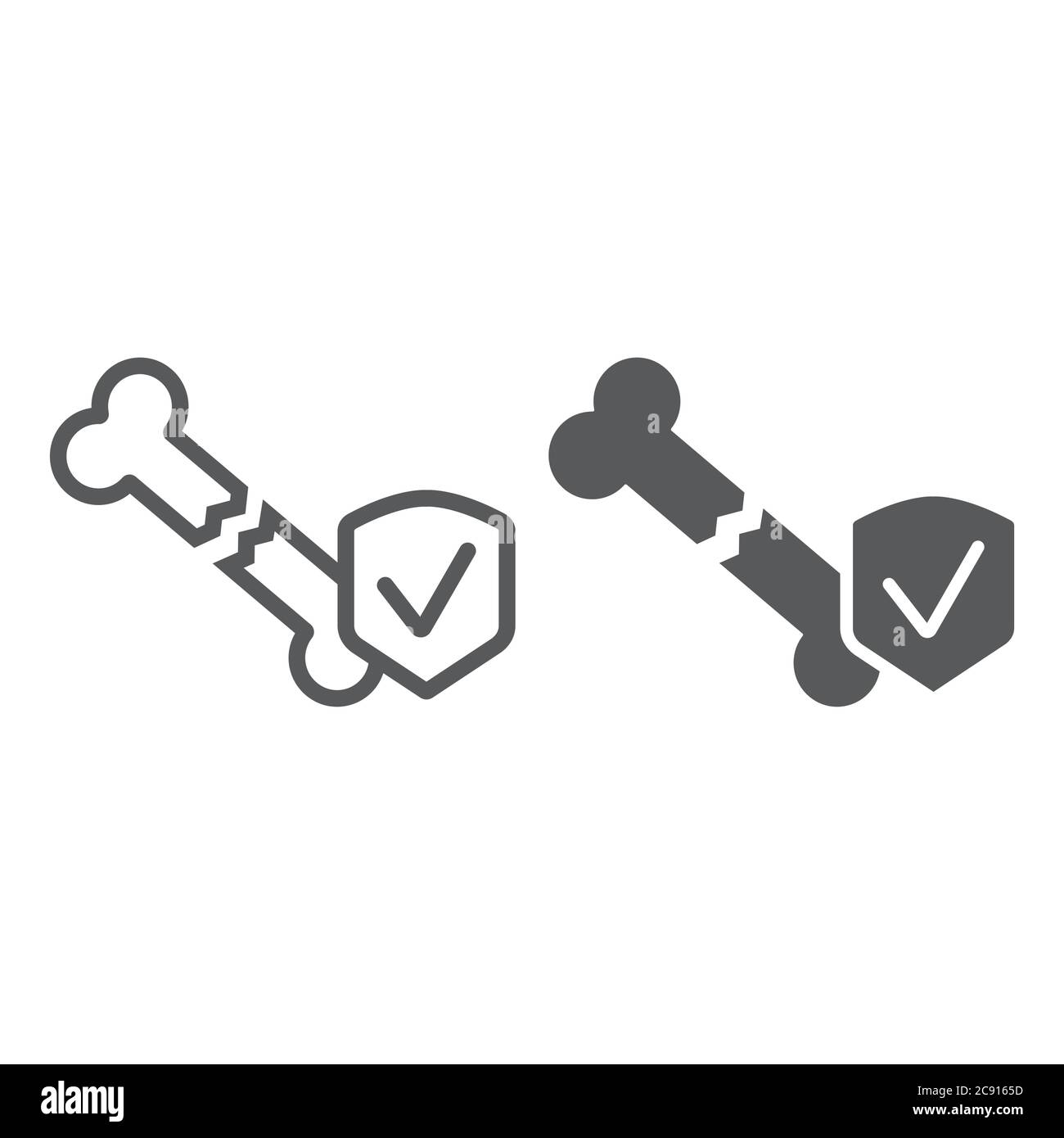 Fracture line and glyph icon, protection and skeleton, broken bone sign ...