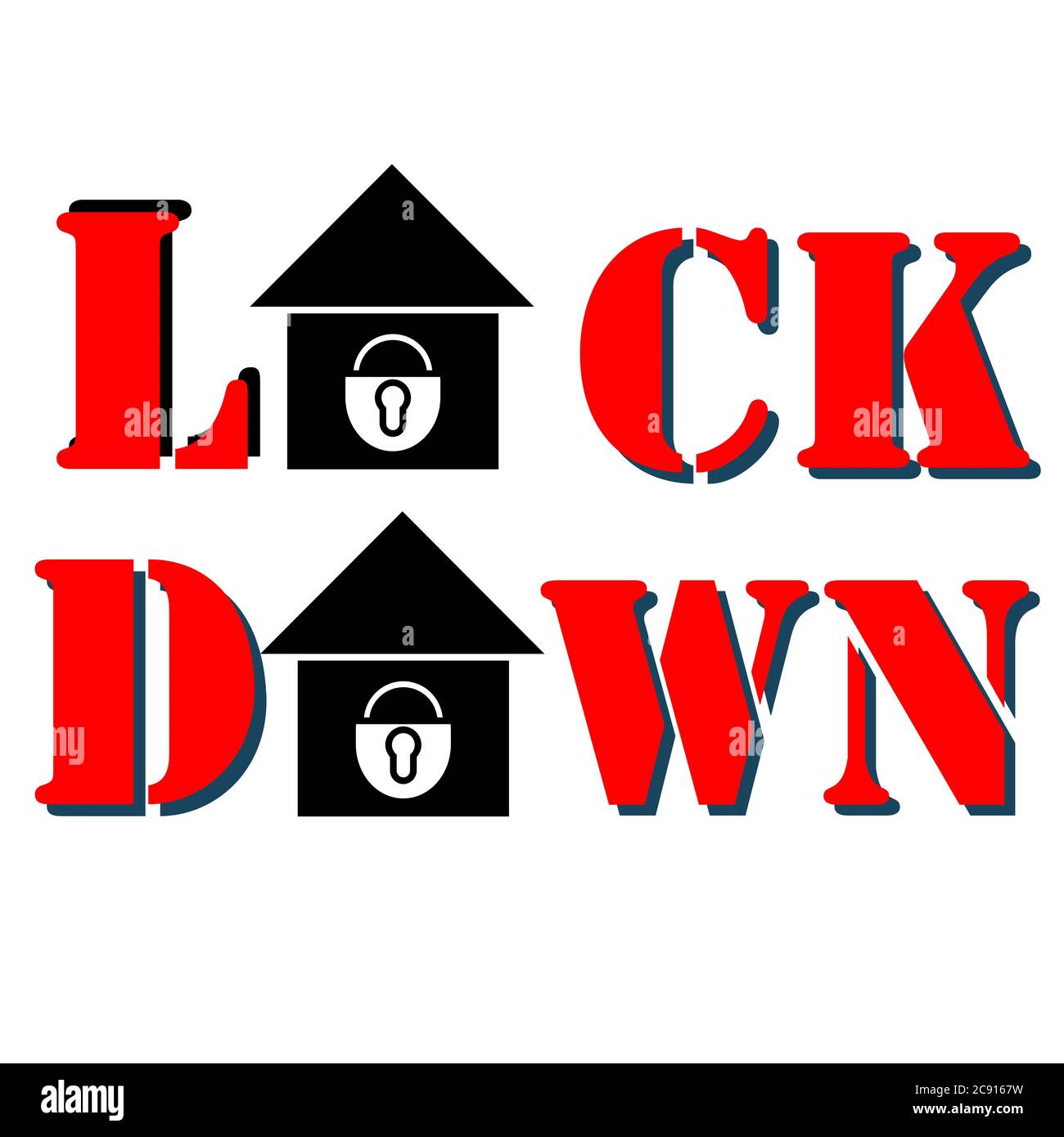 LOCKDOWN illustration in red color with house icon. Lockdown rendering ...