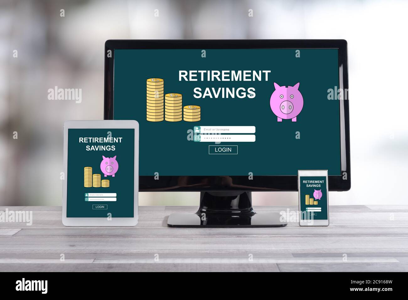 Retirement savings concept shown on different information technology ...