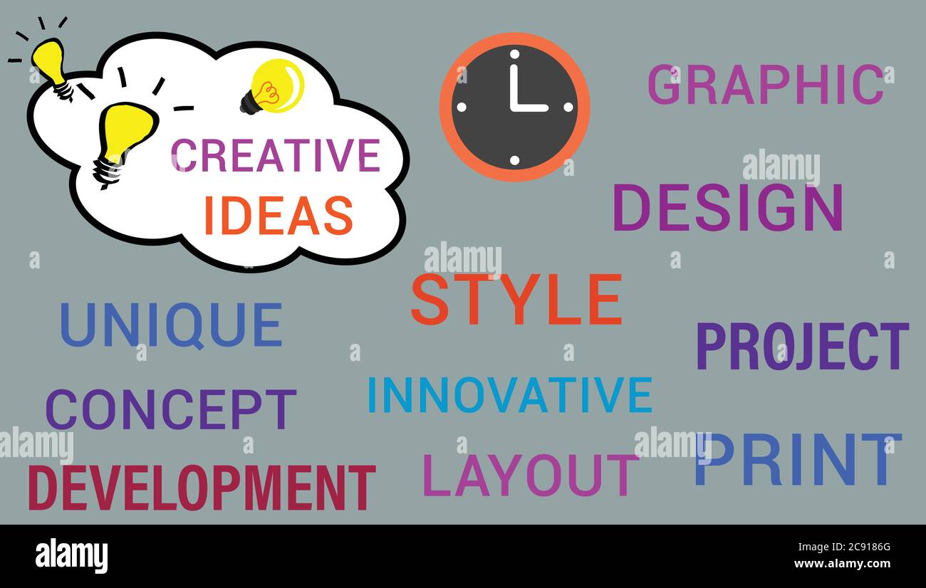 Words representing graphic design process while creating layouts with ...